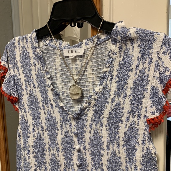 THML | Tops | Thml Red White And Blue Smocked Top Wirh Red Pompon Trim ...